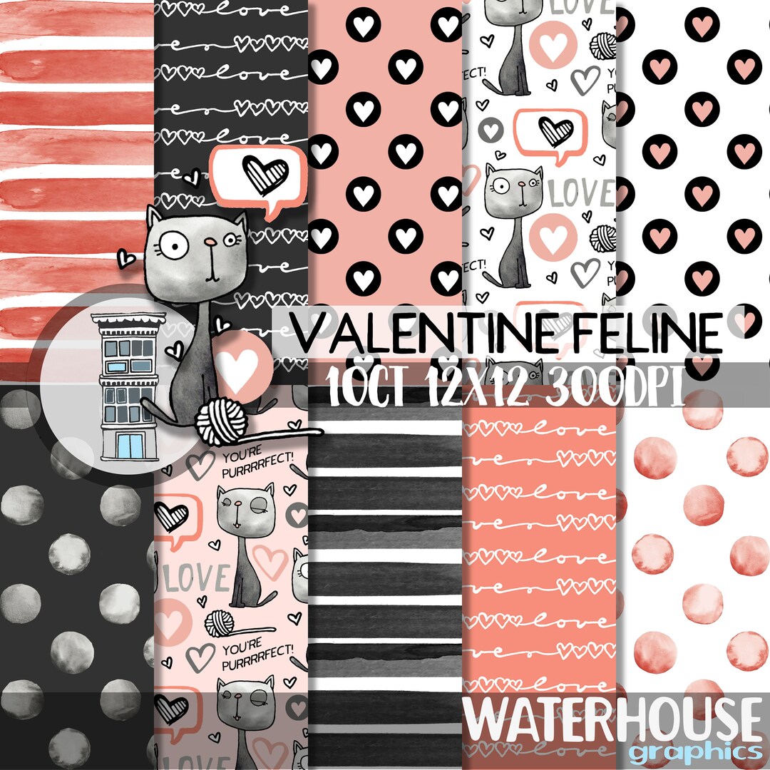 Valentine Digital Paper Watercolor Cats Love Hearts Polka Dots ...