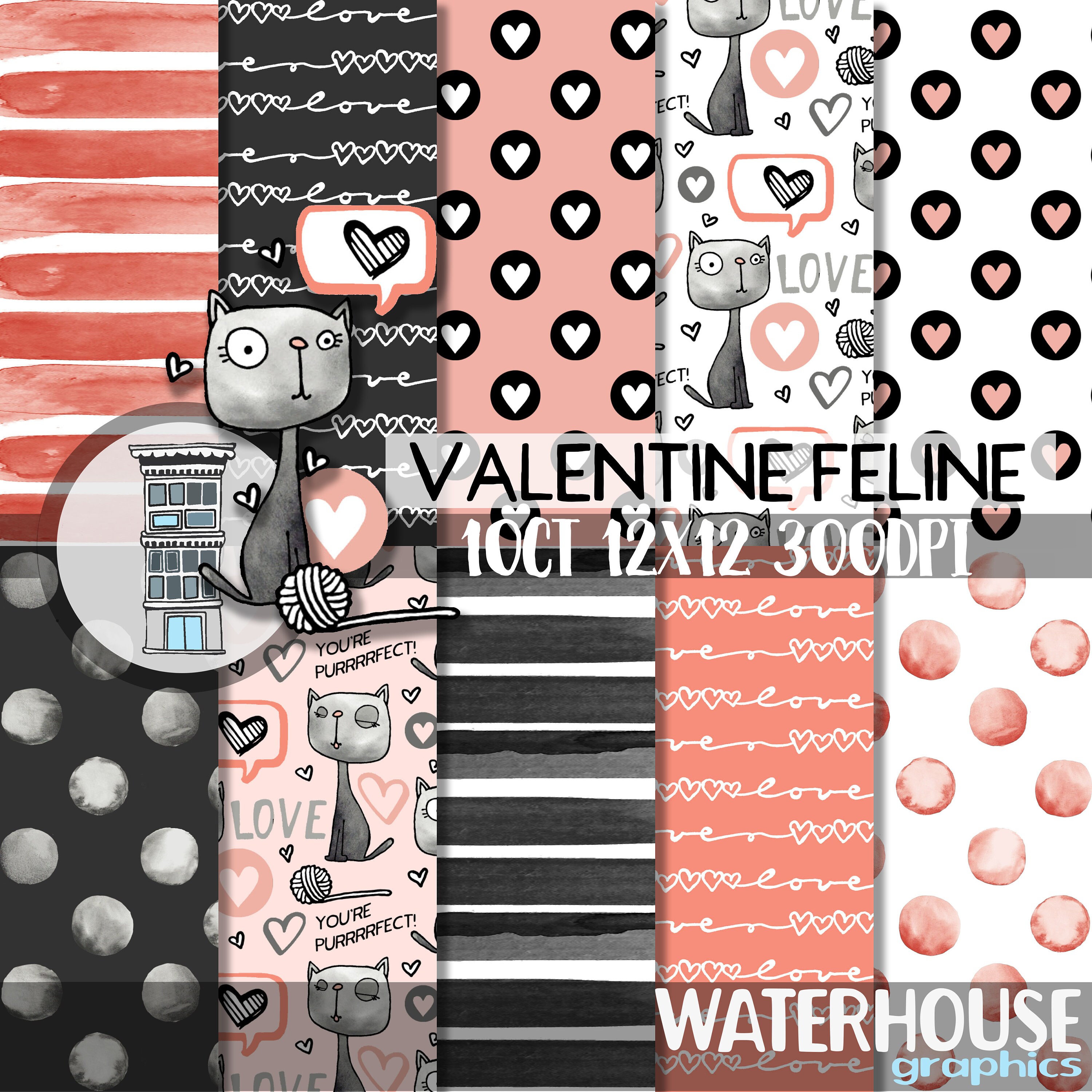 Valentine Digital Paper Watercolor Cats Love Hearts Polka Dots - Etsy