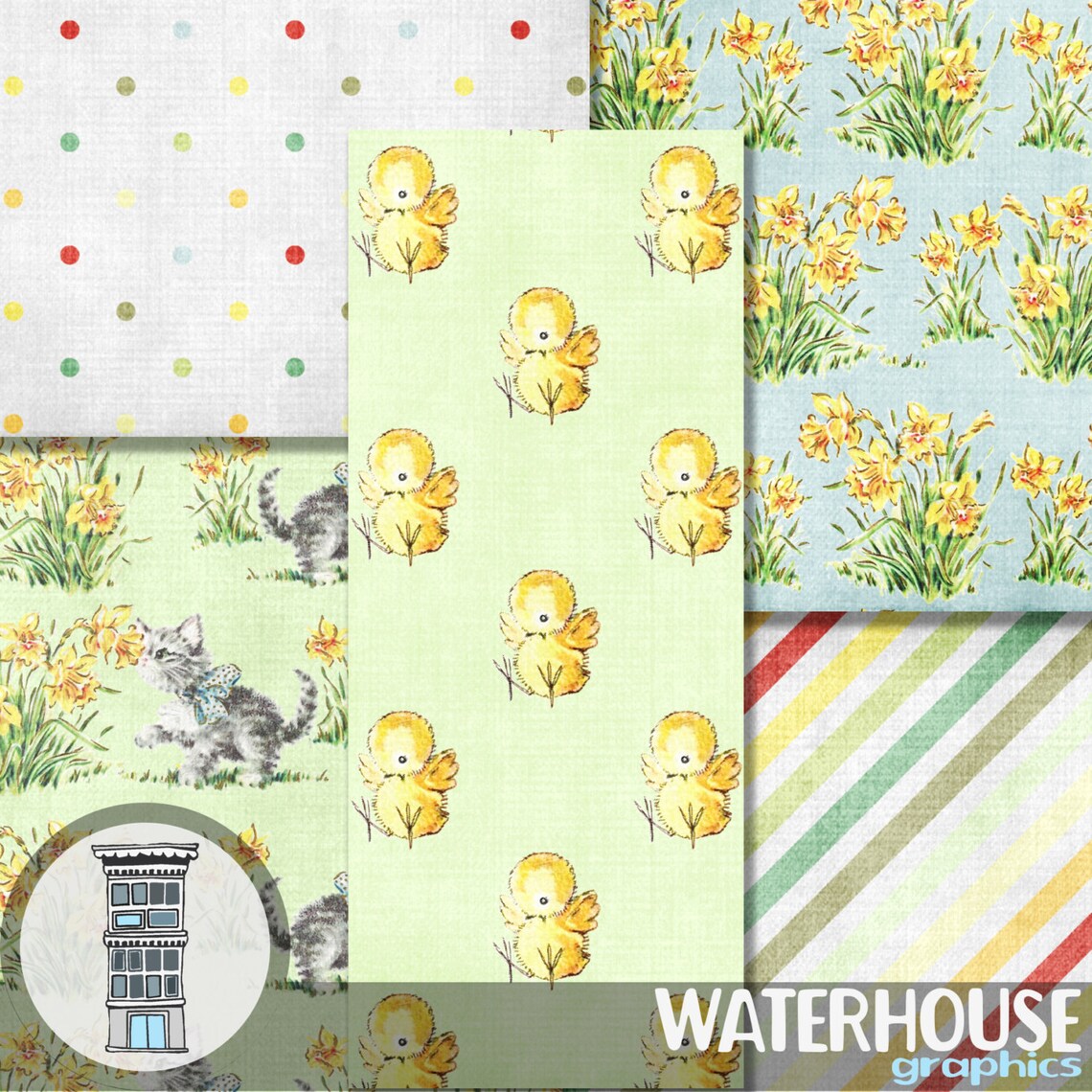 Digital Paper Pack INSTANT DOWNLOAD Cute Kittens & Chicks EASTER Papers ...