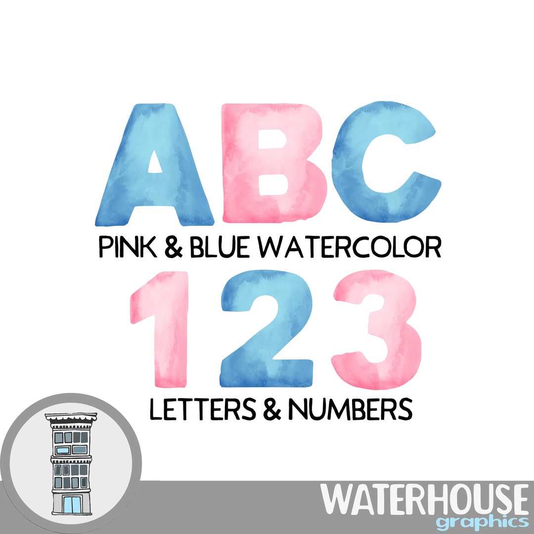 PINK Baby Blue Gender Watercolor Letters Numbers Instant Digital ...