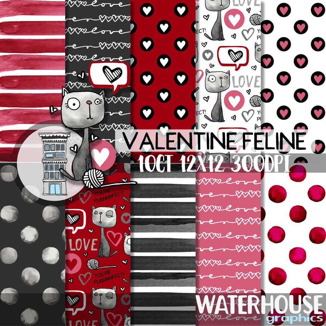 Valentine Digital Paper Watercolor Cats Love Hearts Polka Dots ...