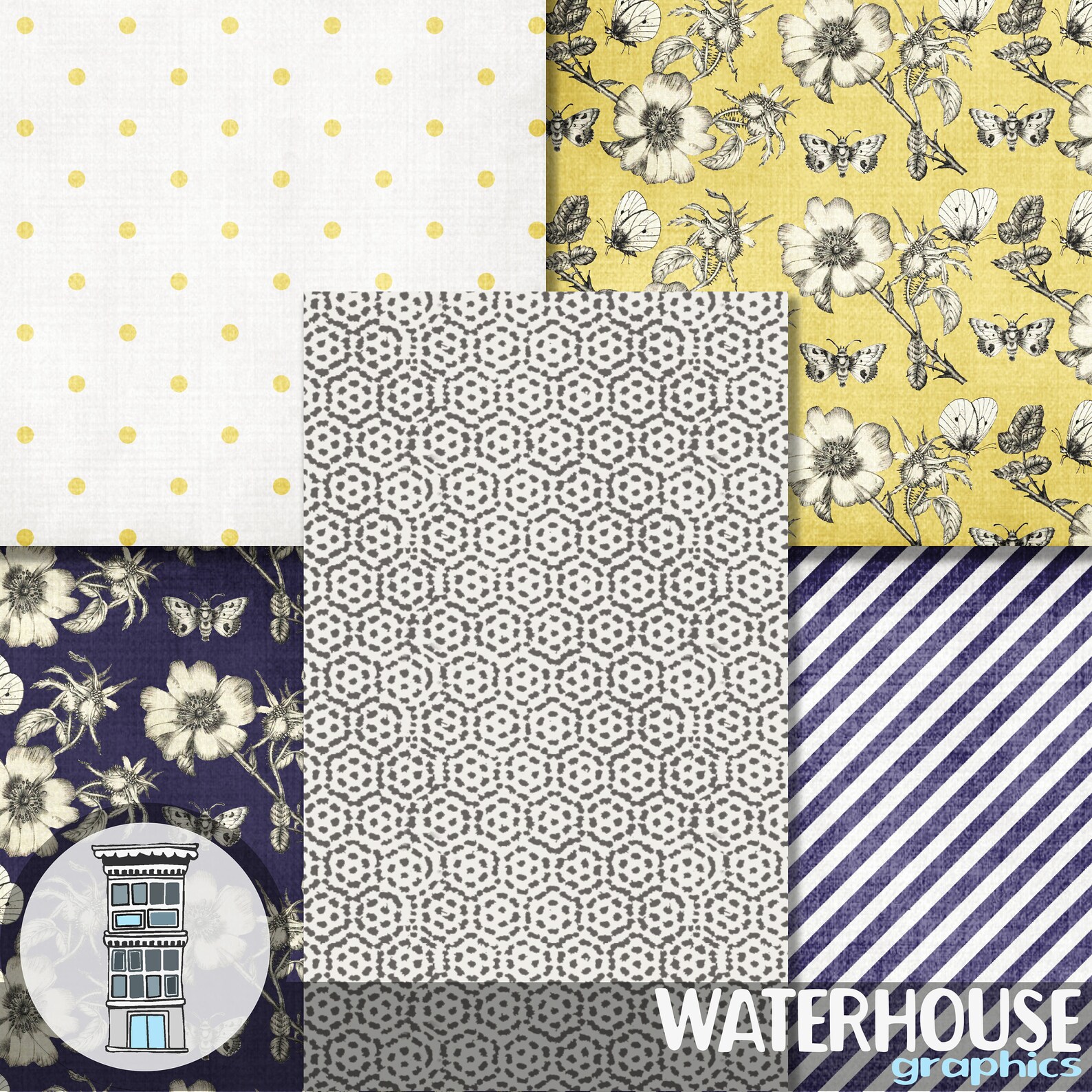 Digital Navy Mustard Yellow Floral Paper Pack Antique - Etsy