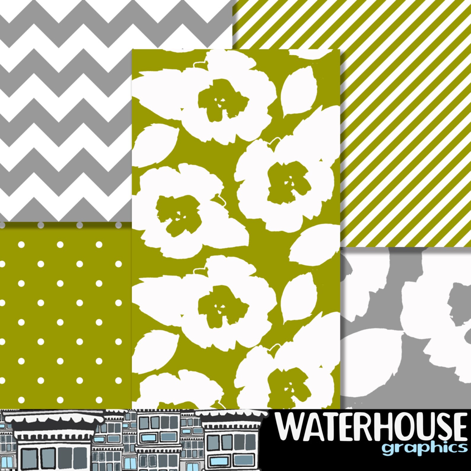 Digital Paper Pack INSTANT DIGITAL DOWNLOAD Chartreuse & Gray Floral ...