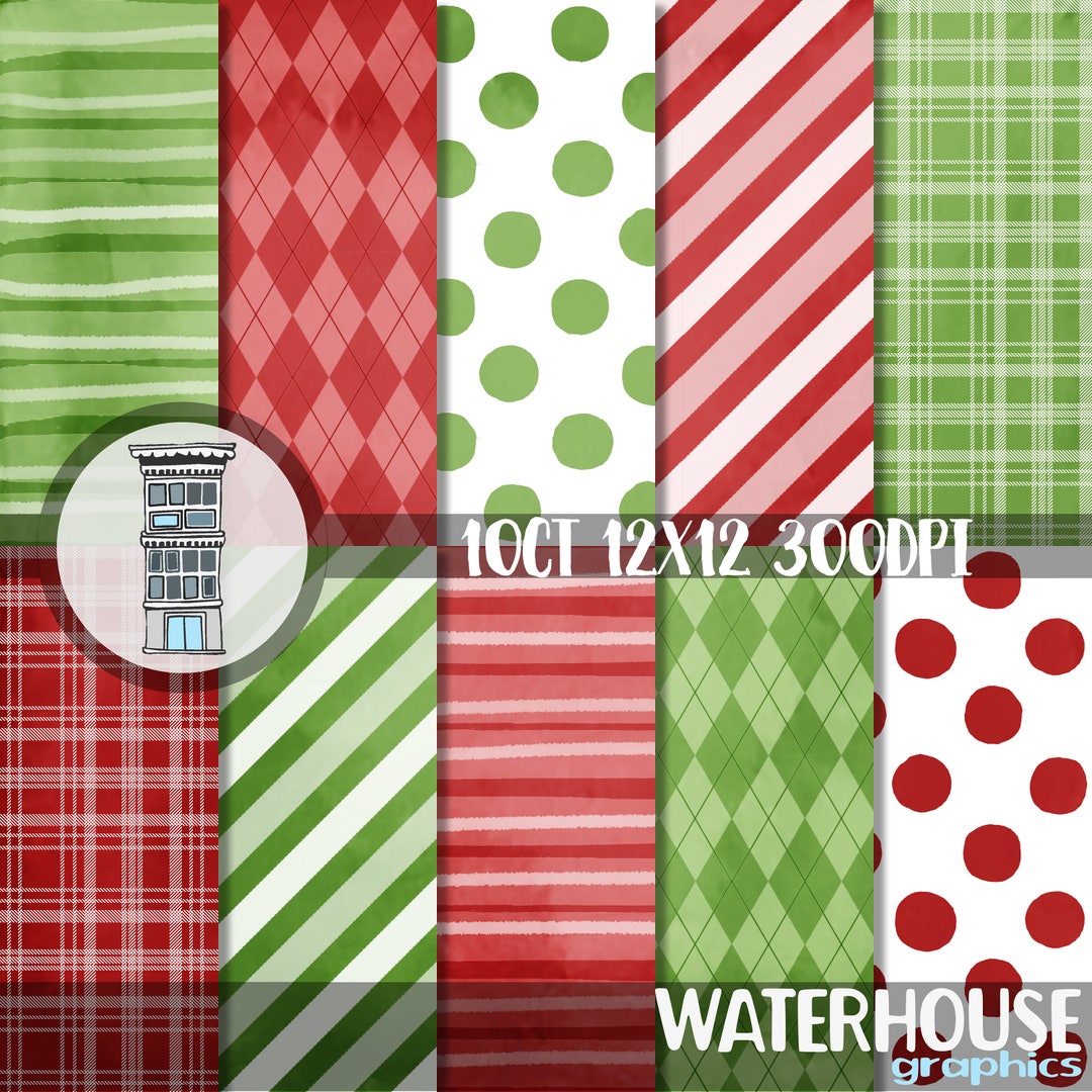 Christmas Watercolor Papers Bright RED & GREEN Digital Paper Pack ...