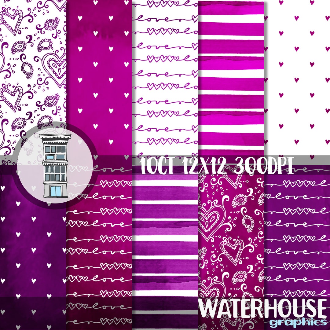 Valentine Watercolor Papers Purple and FUSCHIA Hearts Love Digital ...