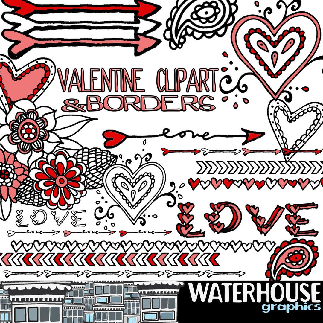 Valentine Clipart Digital Borders Flowers Love Hearts Arrows Paisley ...