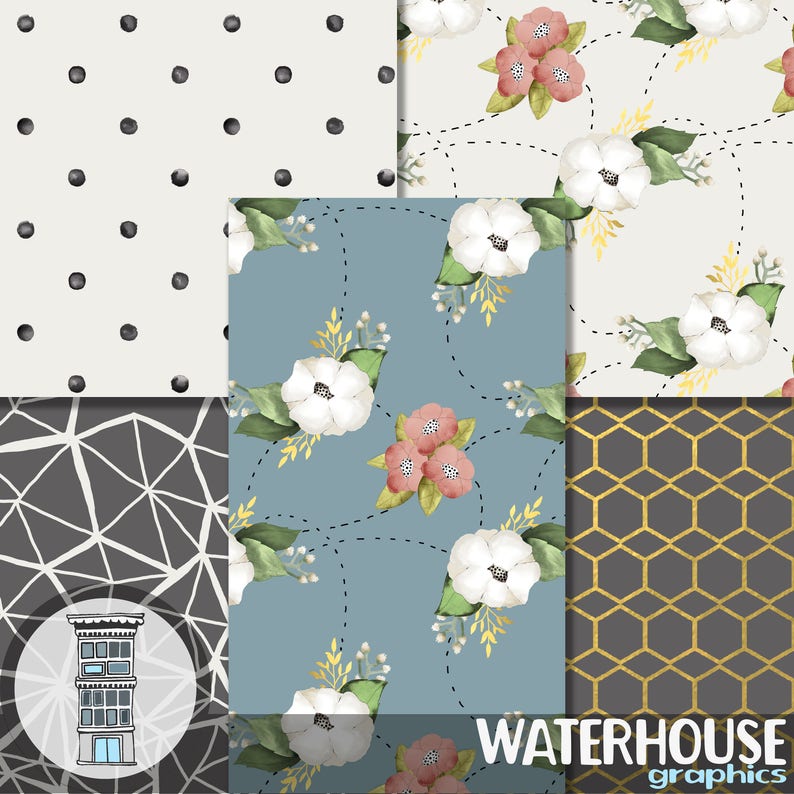 GOLD Floral Digital Paper Delicate Flowers, Slate Blue Gold Geometric ...