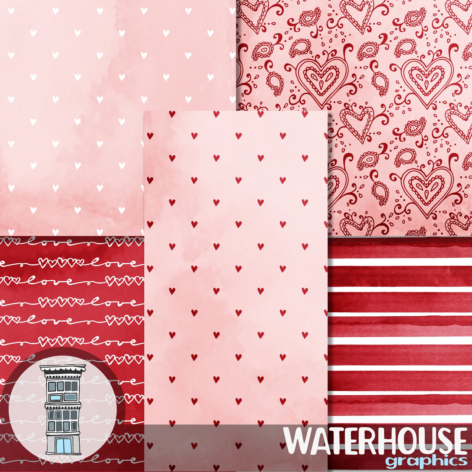 Valentine Watercolor Papers RED and PINK Stripes Hearts Love - Etsy