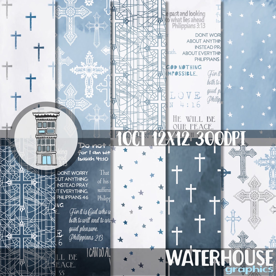 Religious BLUE Digital Paper Pack INSTANT DOWNLOAD Bible Watercolor ...