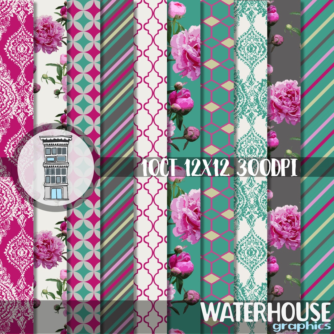 Pink Turquoise Digital PAPER PACK Instant Download Bright Pink Peonies ...