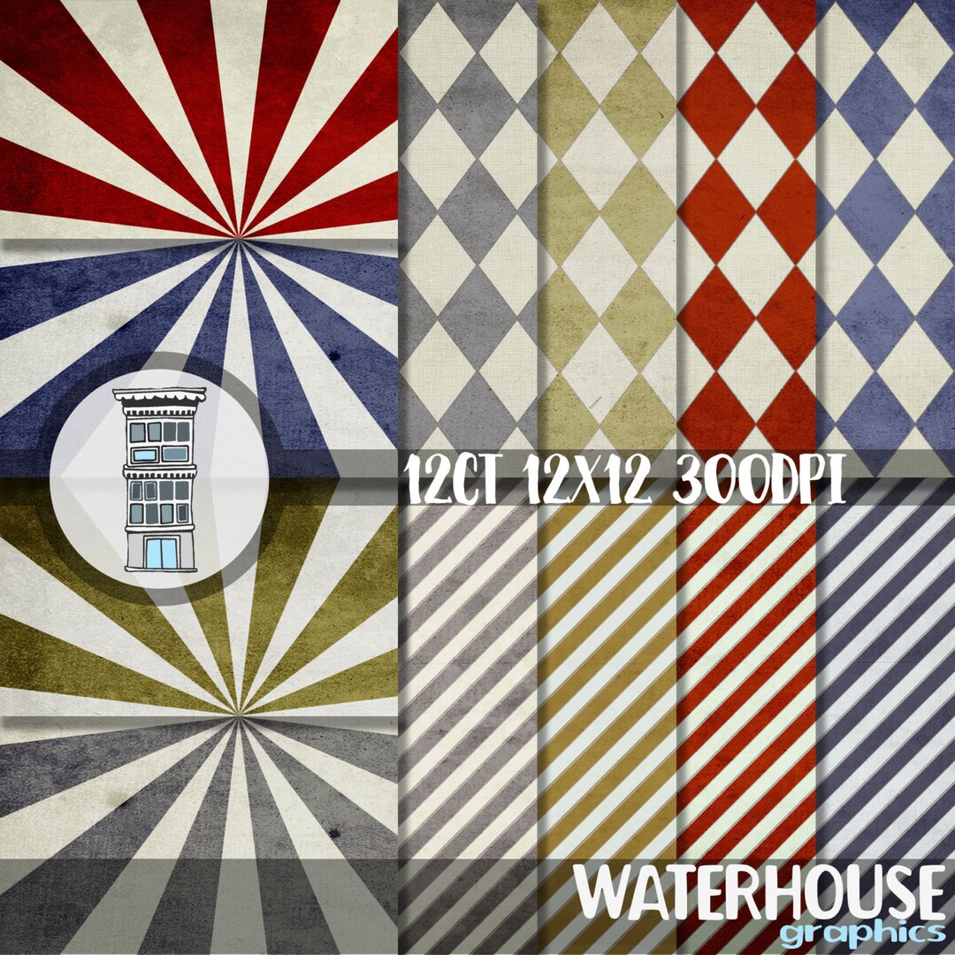 Vintage Circus Digital Papers in Brick Red, Golden Olive, Silver Gray ...