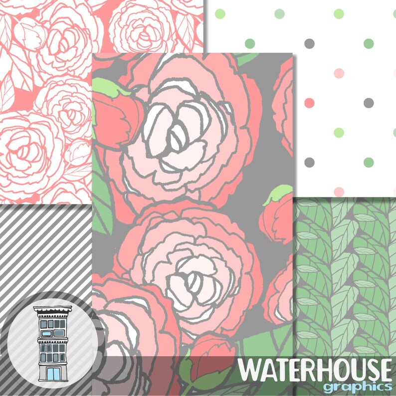 Floral Digital Paper Pack Instant Digital Download Pink Peonies Green ...