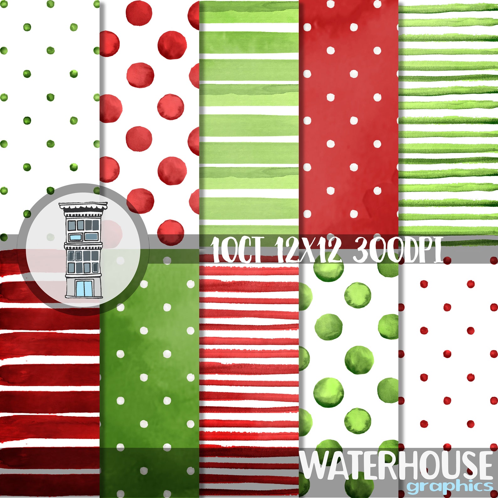 Christmas Watercolor Papers Bright RED & GREEN Digital Paper Pack ...