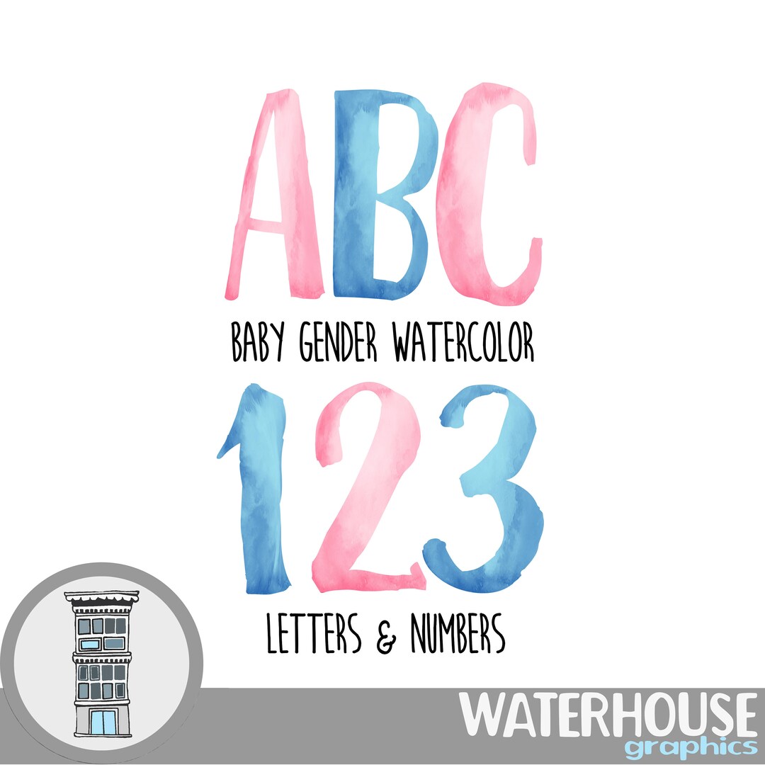 PINK Baby Blue Gender Watercolor Letters Numbers Instant Digital ...