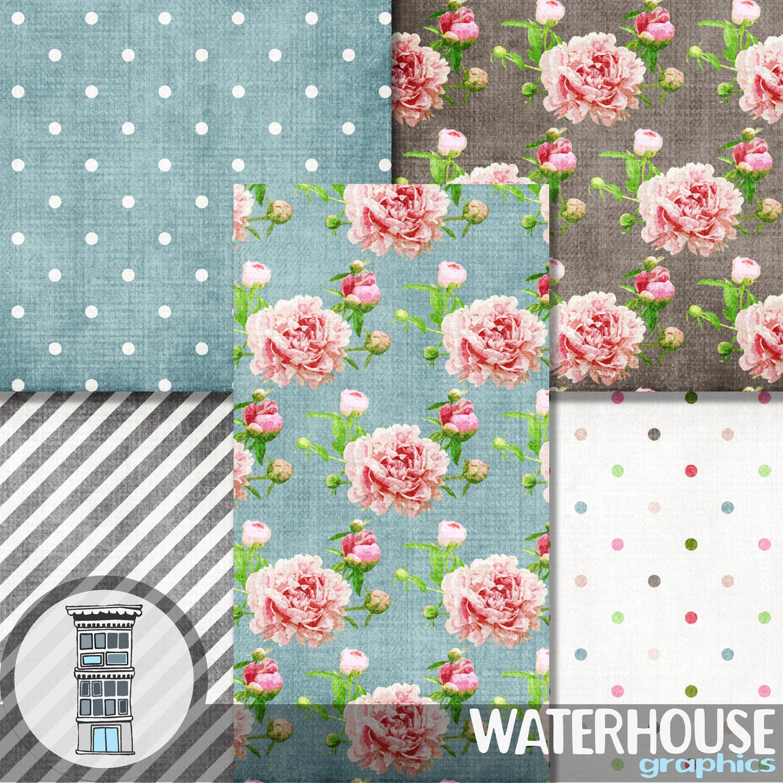 Pink Peonies Teal Digital Floral PAPER PACK Instant Download Rose Pink ...