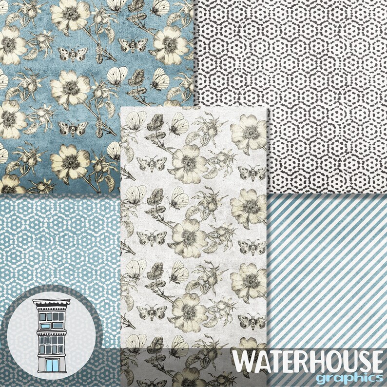Digital Blue Cream Floral Paper Pack Antique Style Flowers Distressed ...
