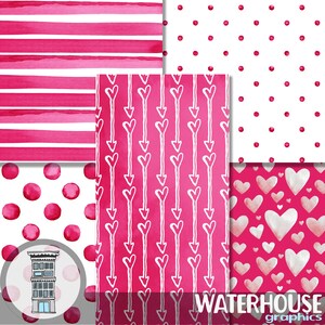 Valentine Watercolor Papers Bright PINK Hearts Digital Paper Pack ...