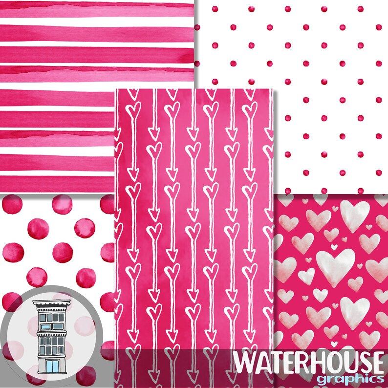 Valentine Watercolor Papers Bright PINK Hearts Digital Paper Pack ...