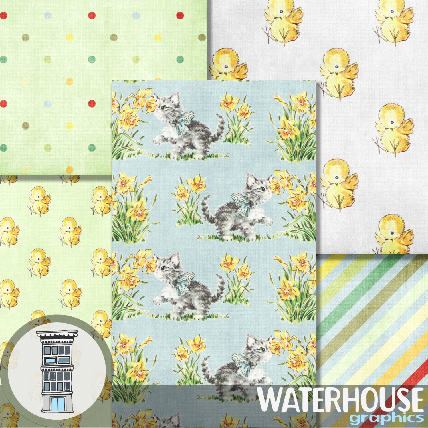 Digital Paper Pack INSTANT DOWNLOAD Cute Kittens & Chicks EASTER Papers ...