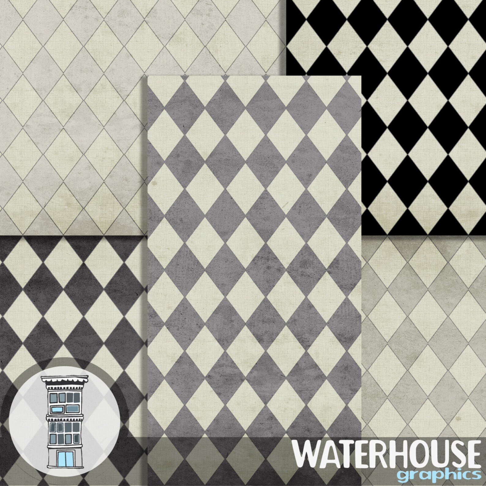 Digital Paper Pack Gray Diamond Pattern Vintage Distressed Textures for ...