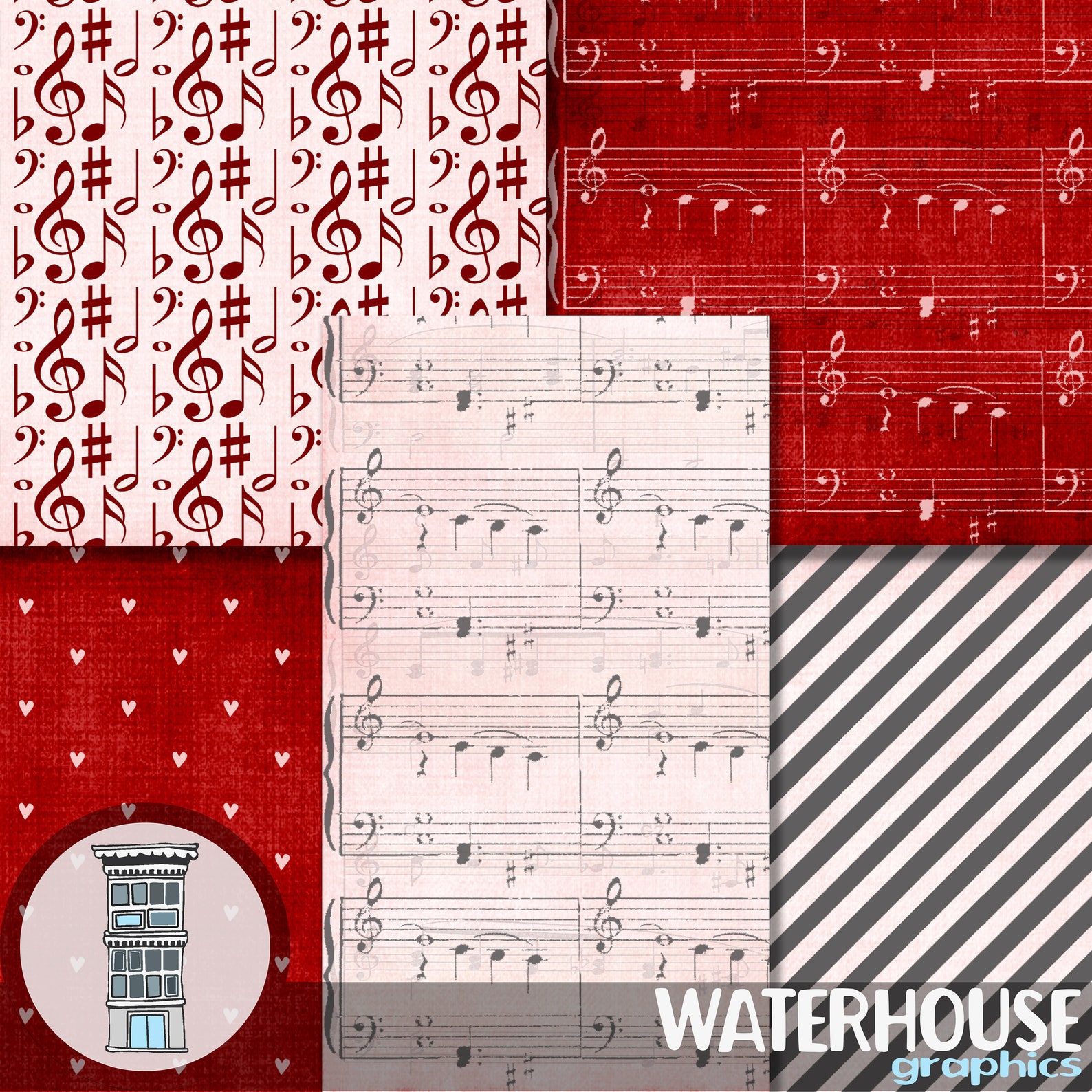 Musical DIGITAL PAPER PACK Valentines Red Pink Love Song | Etsy