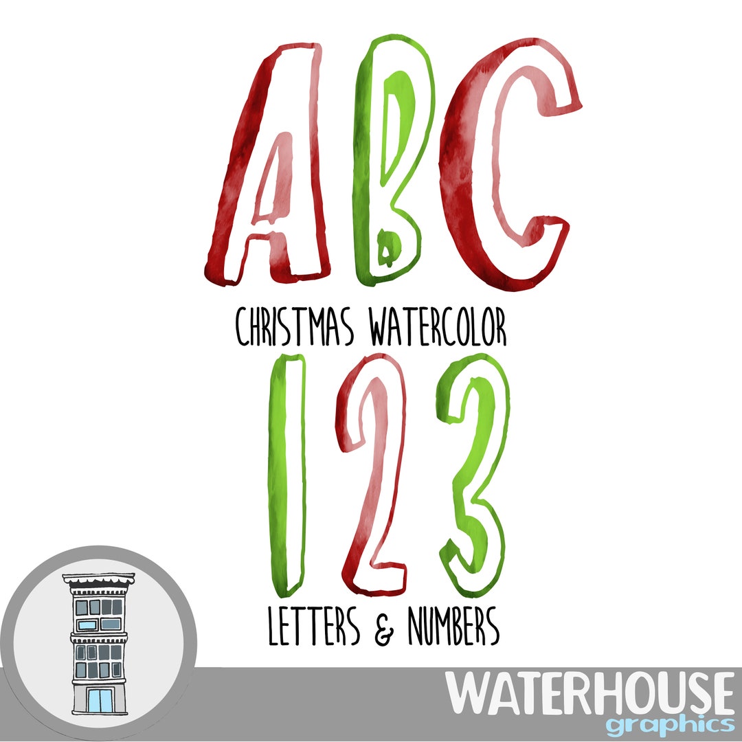 Christmas Watercolor Letters Numbers Instant Digital Download RED Green ...