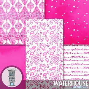 Valentine Watercolor Papers Hot PINK Hearts Love Digital Paper Pack ...