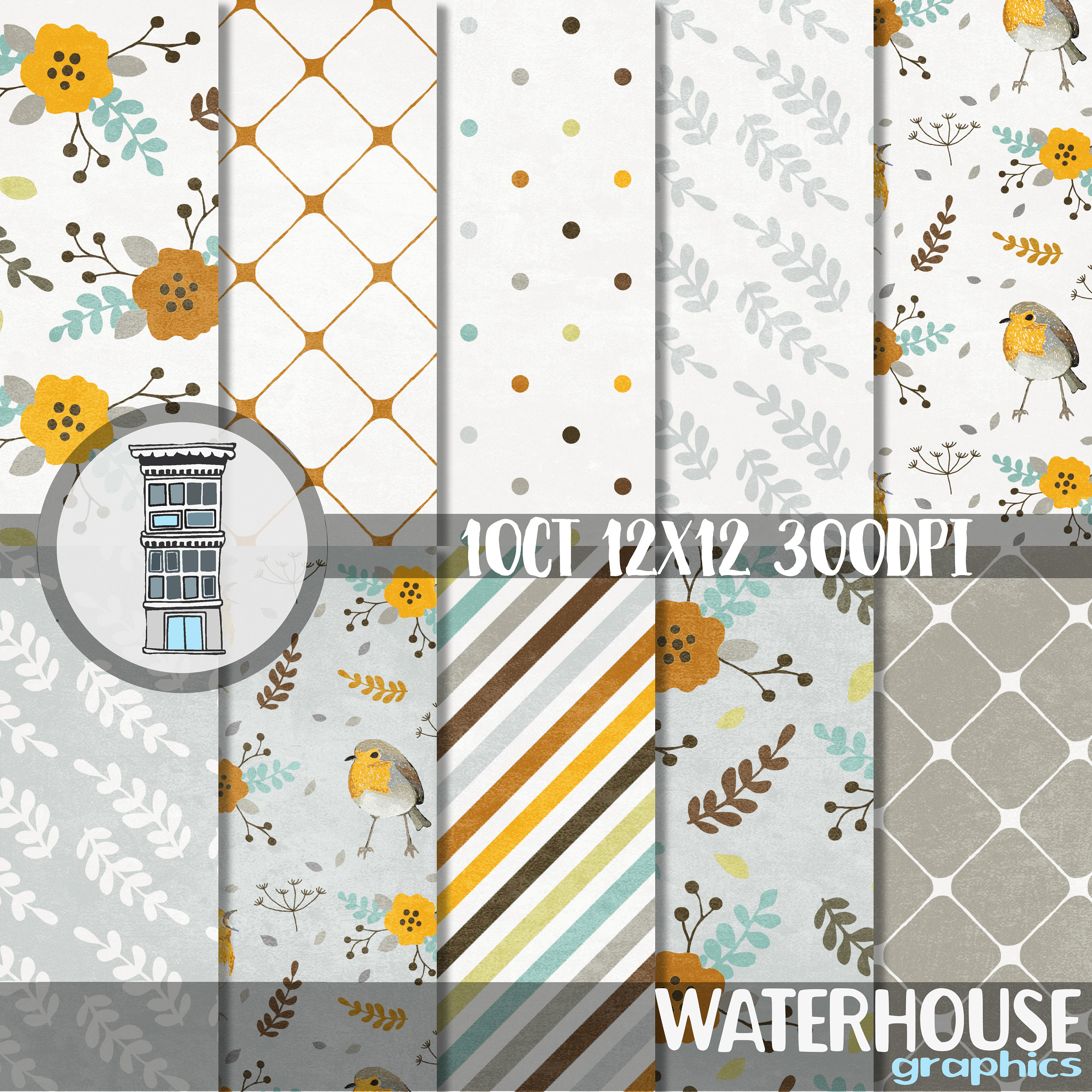 Spring Digital Paper Pack hand drawn birds floral patterns | Etsy