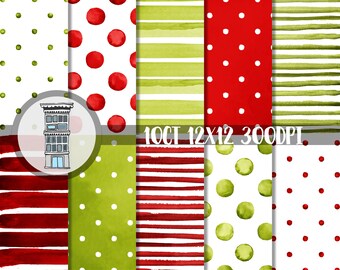 Christmas Watercolor Papers Bright RED & GREEN Digital Paper | Etsy