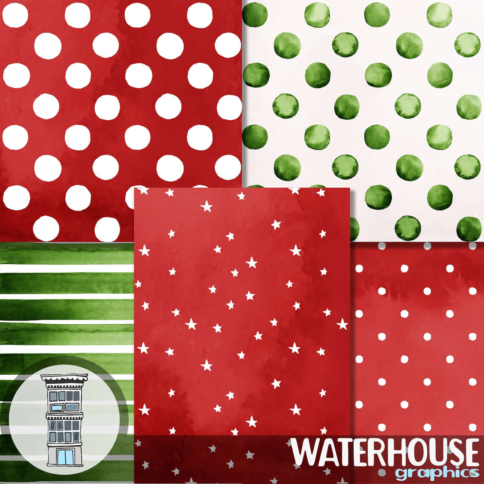 Christmas Watercolor Papers Bright RED & GREEN Digital Paper | Etsy