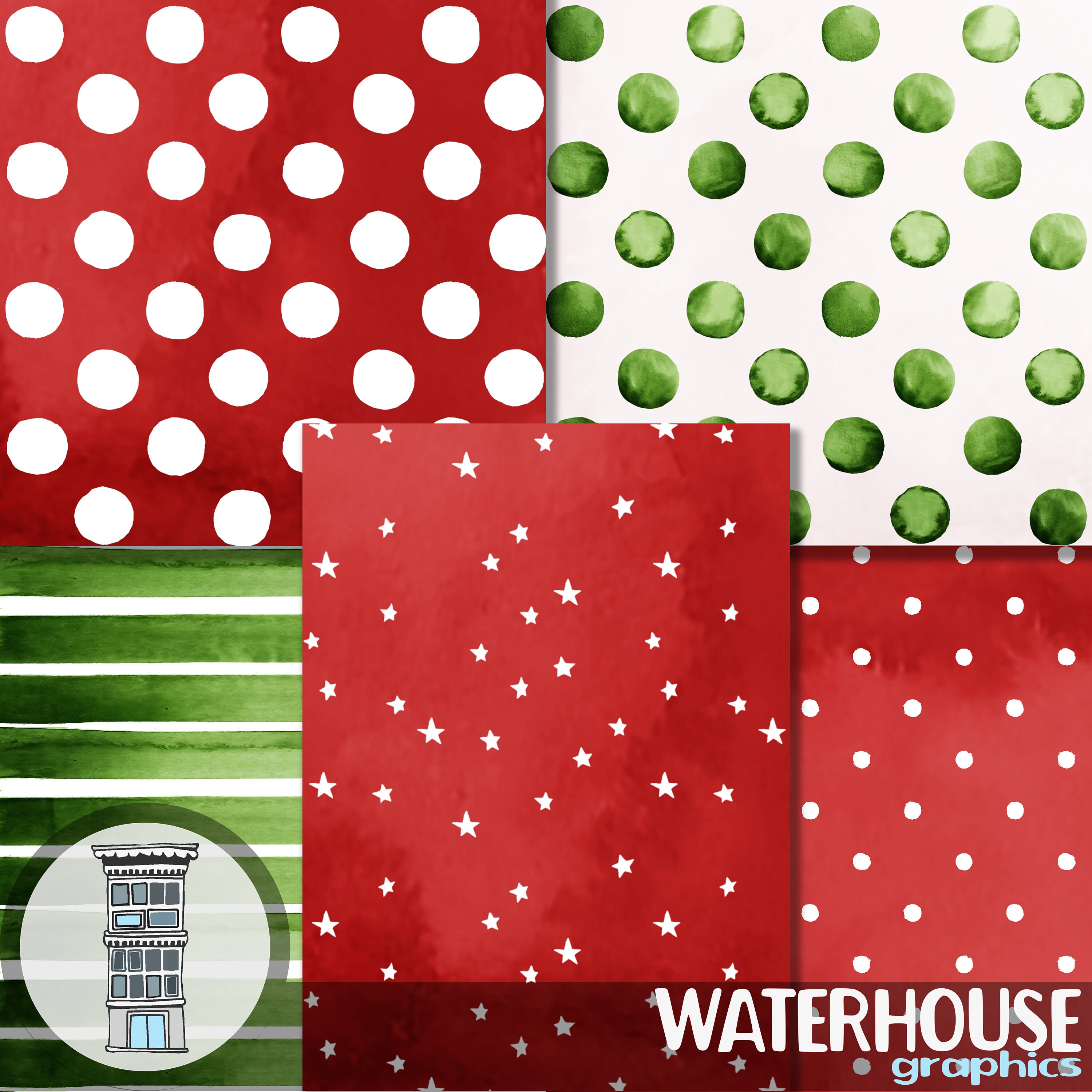 Christmas Watercolor Papers Bright RED & GREEN Digital Paper | Etsy