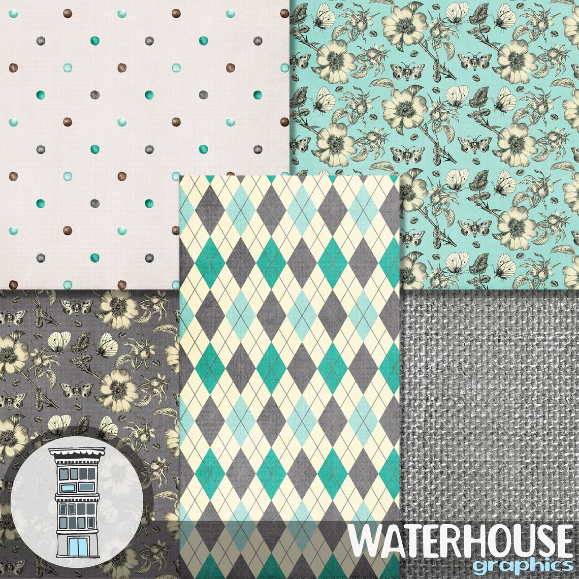 Teal Floral Digital Paper Pack Antique Style Flowers - Etsy