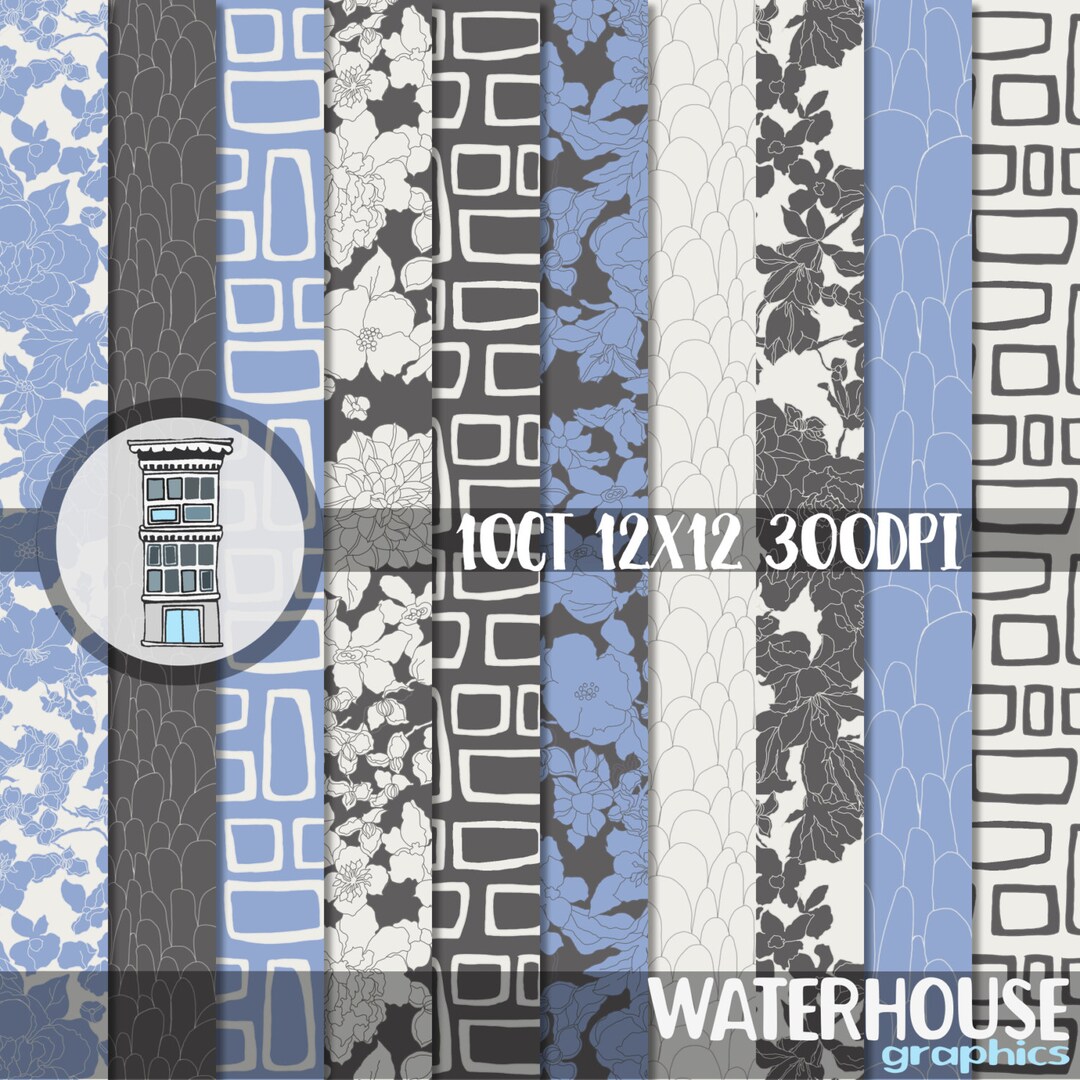 Retro Floral Digital PAPER PACK Blue Gray Cream Scallops Squares Floral ...