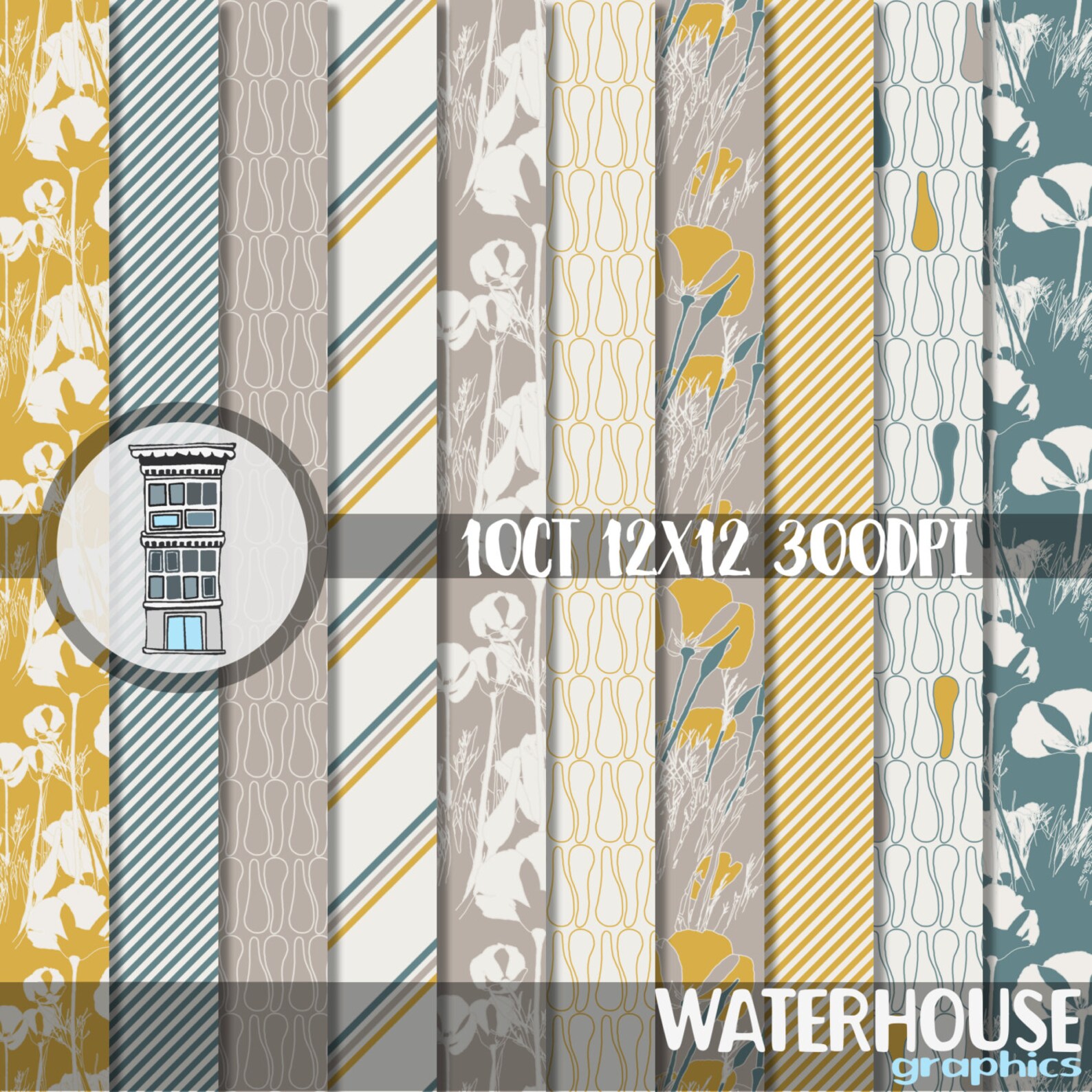 Floral PAPER PACK Digital Scrapbooking Papers Teal Mustard - Etsy