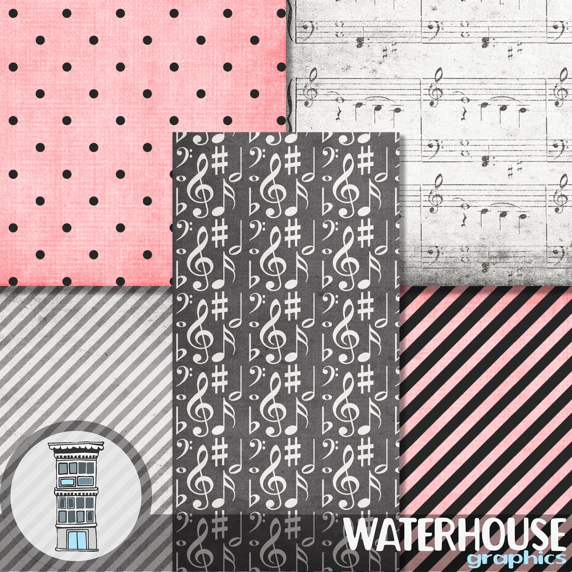 Musical DIGITAL PAPER PACK Antique Pink and Gray Distressed Music Notes ...