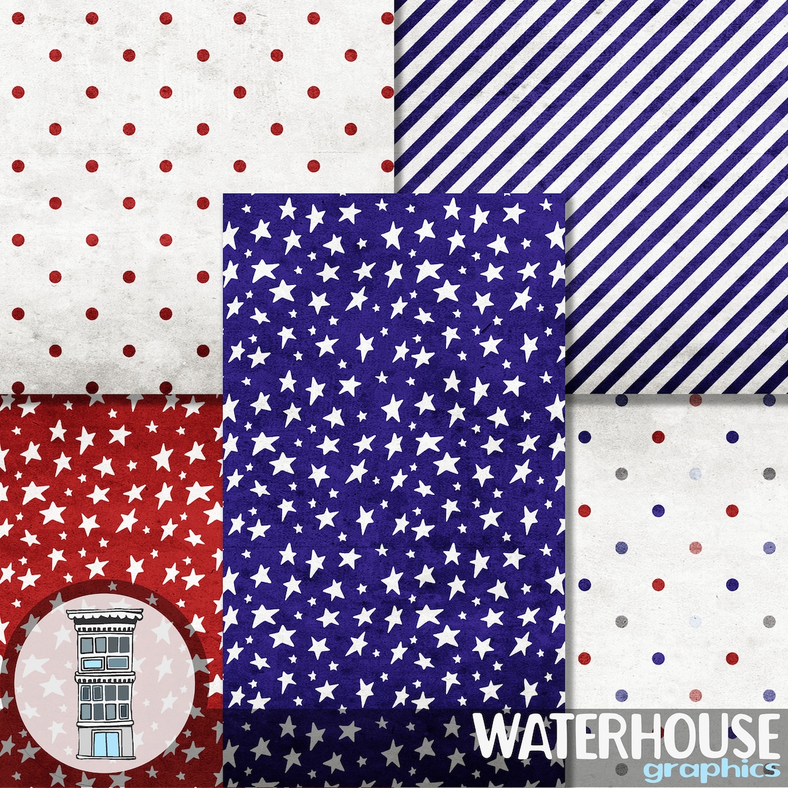 Stars & Stripes DIGITAL PAPER PACK Red White Navy Blue Polka Dots ...
