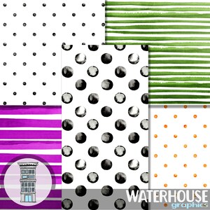 Halloween Watercolor Stripes Polka Dots Orange Purple GREEN Digital ...
