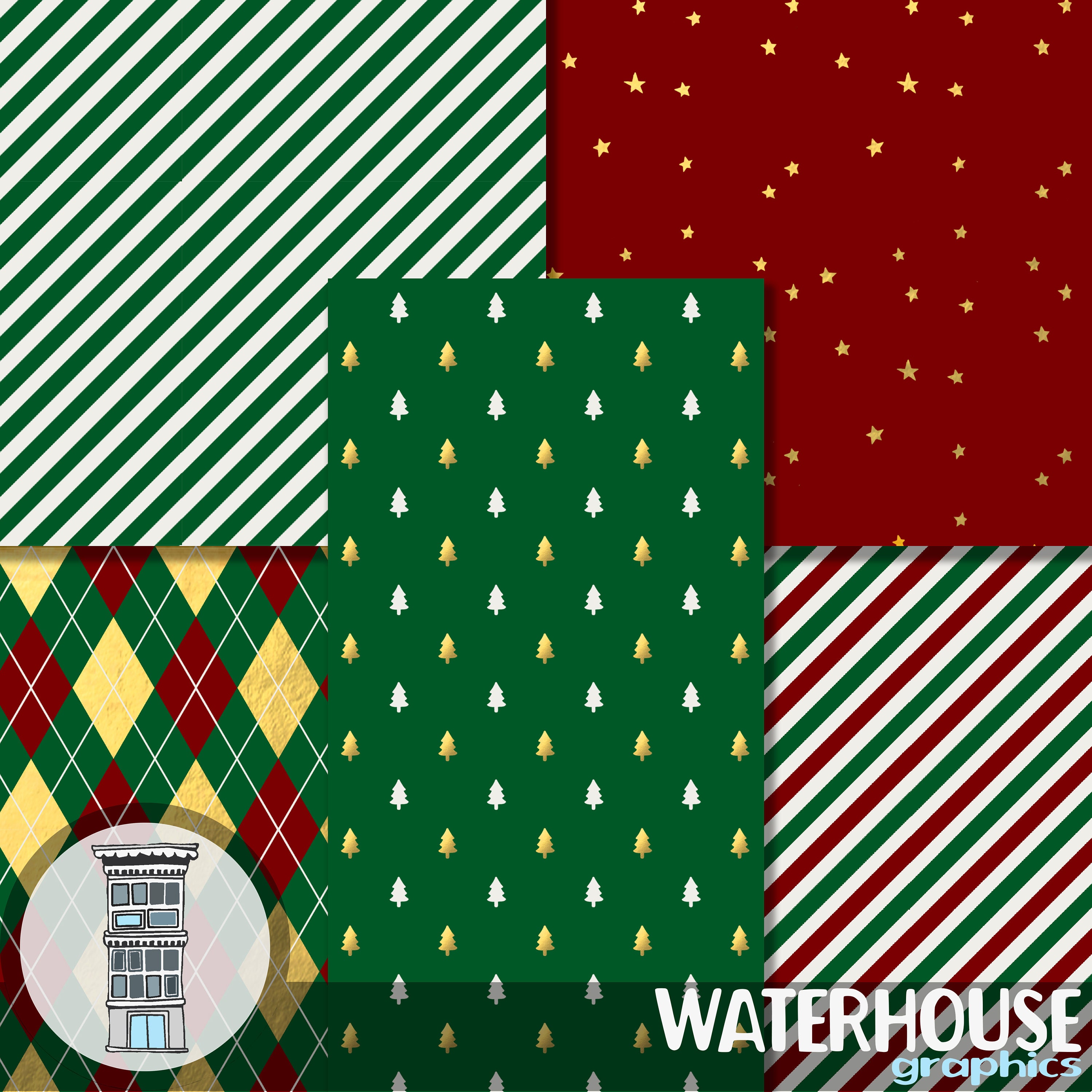 Christmas Red, Green and GOLD Digital Paper Pack Stars, Stripes ...