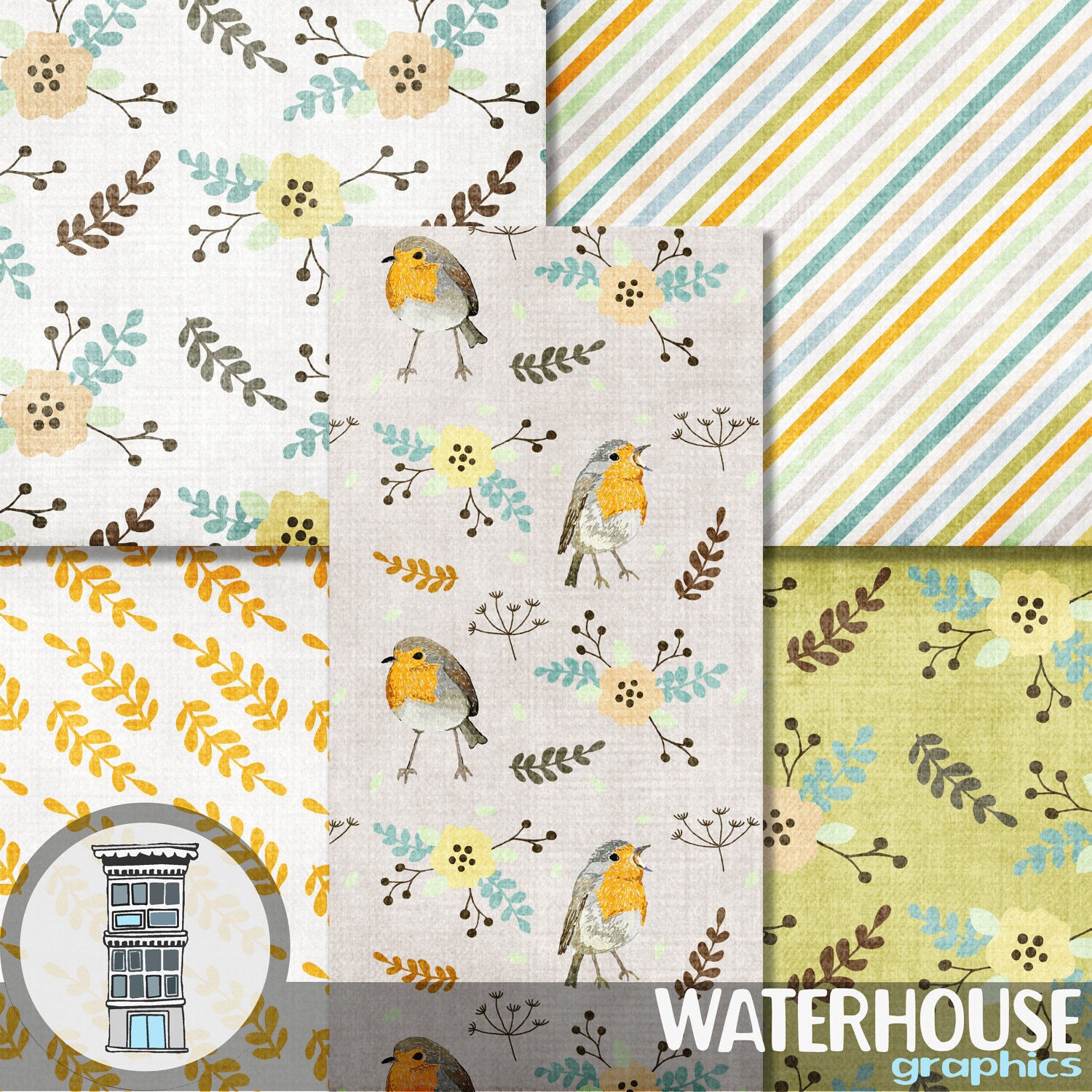 Spring Digital Paper Pack Hand Drawn Birds Floral Patterns INSTANT ...