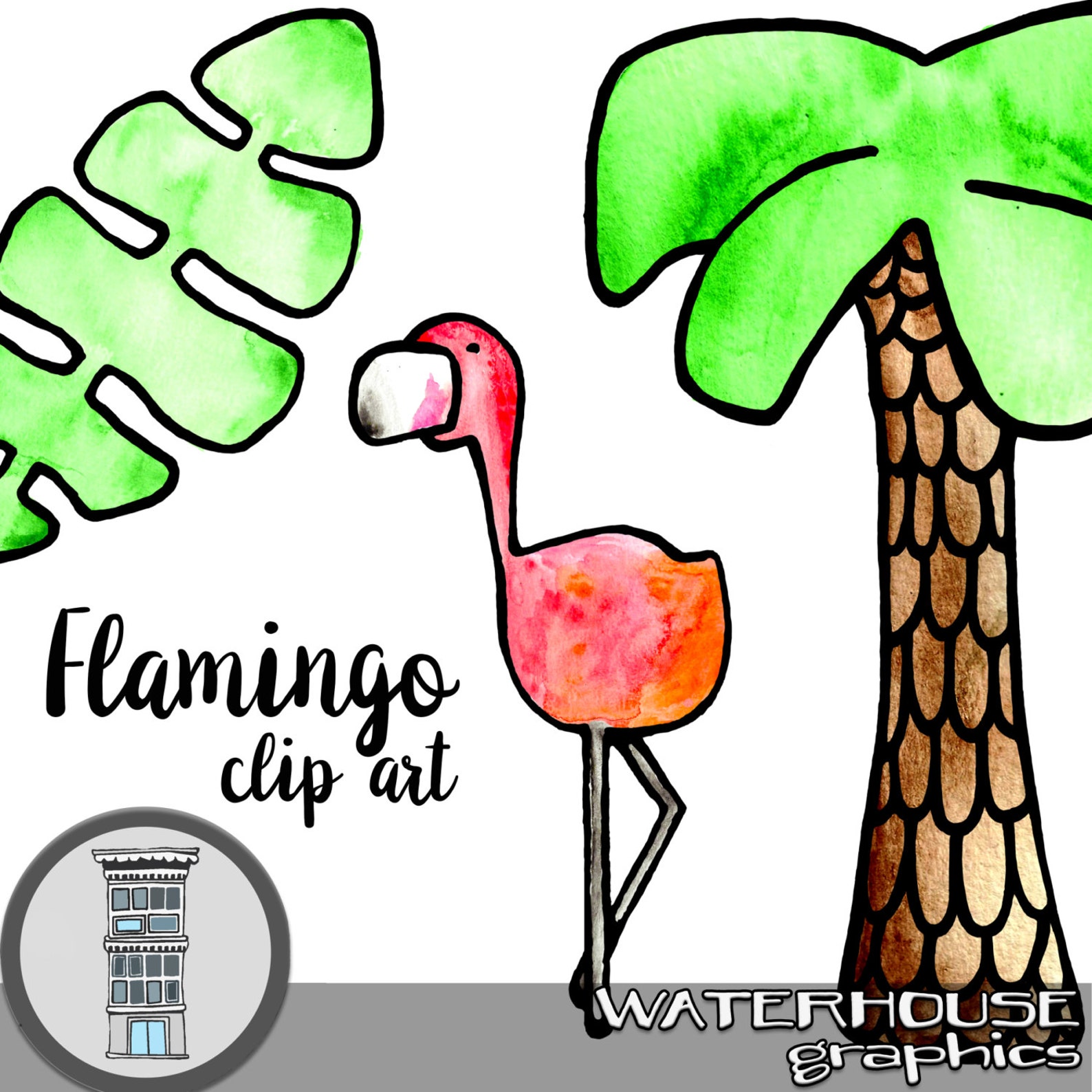 Flamingo Clipart Set INSTANT DIGITAL DOWNLOAD Palm Tree Watercolor and ...