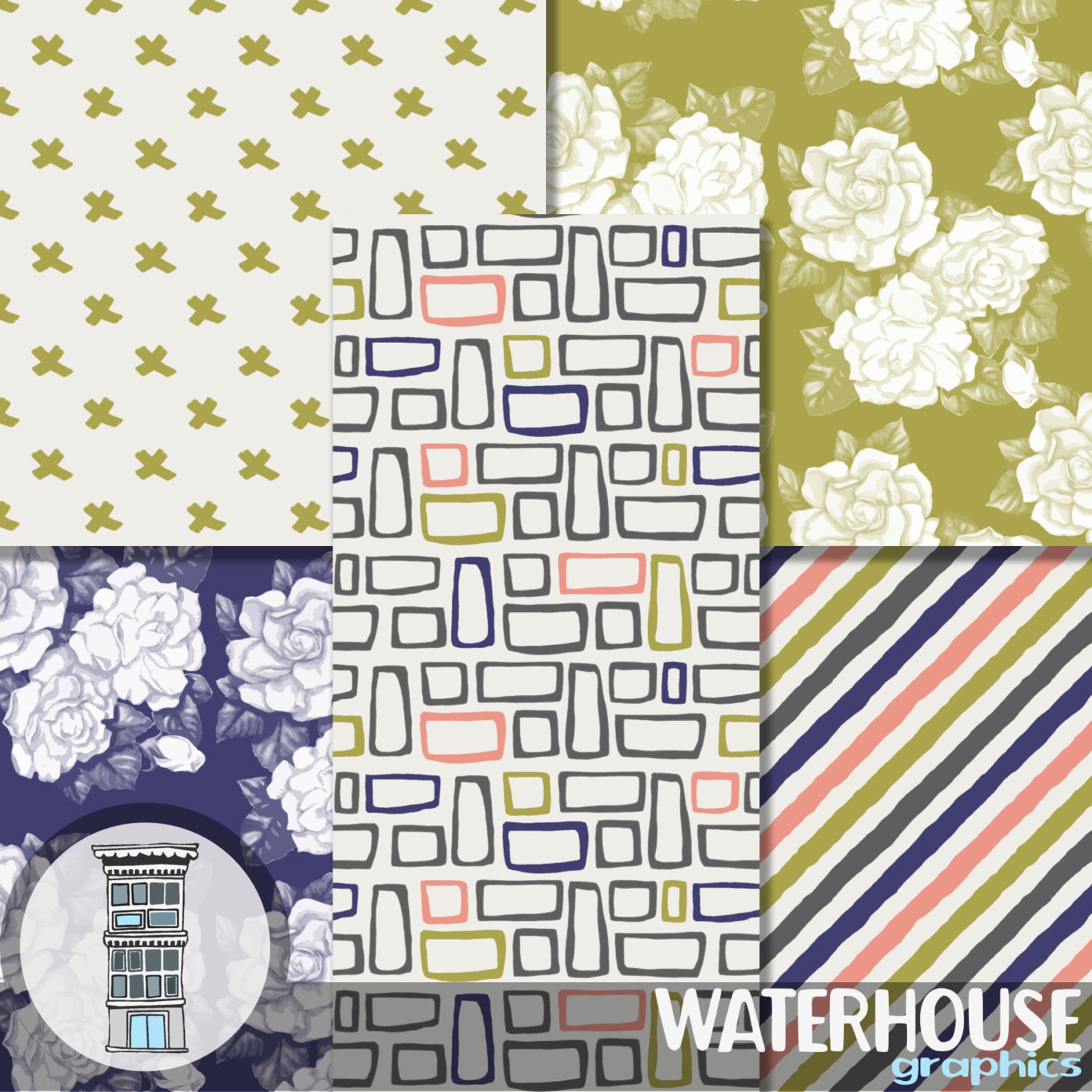 Pink Coral Navy Blue Digital Paper Pack Instant Download Floral Stripes ...