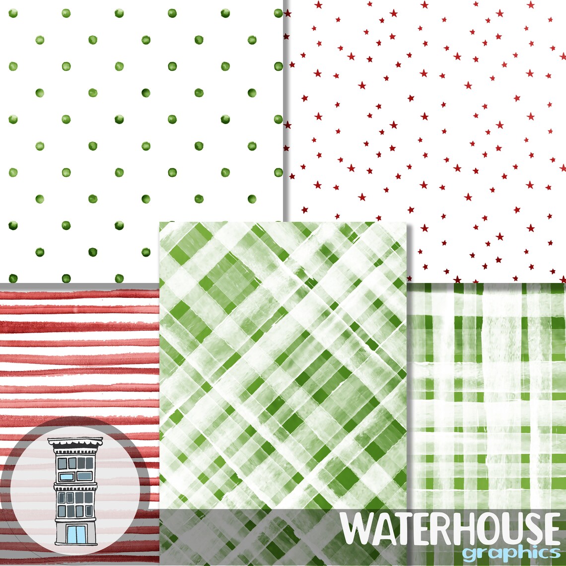 Christmas Watercolor Papers Bright RED & GREEN Digital Paper Pack ...