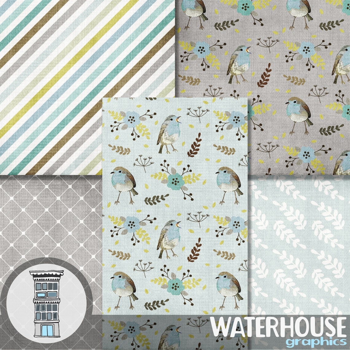Birds Digital Paper Pack Hand Drawn Birds Floral Patterns - Etsy