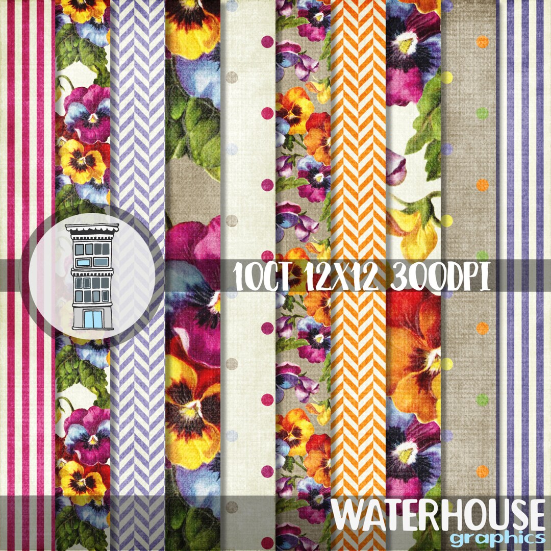 Vibrant Floral Paper Pack INSTANT DOWNLOAD Purple Yellow Pansy Patterns ...