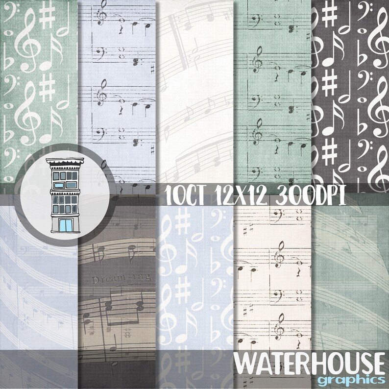 Musical DIGITAL PAPER PACK Sage Green Sky Blue Distressed Music Notes ...