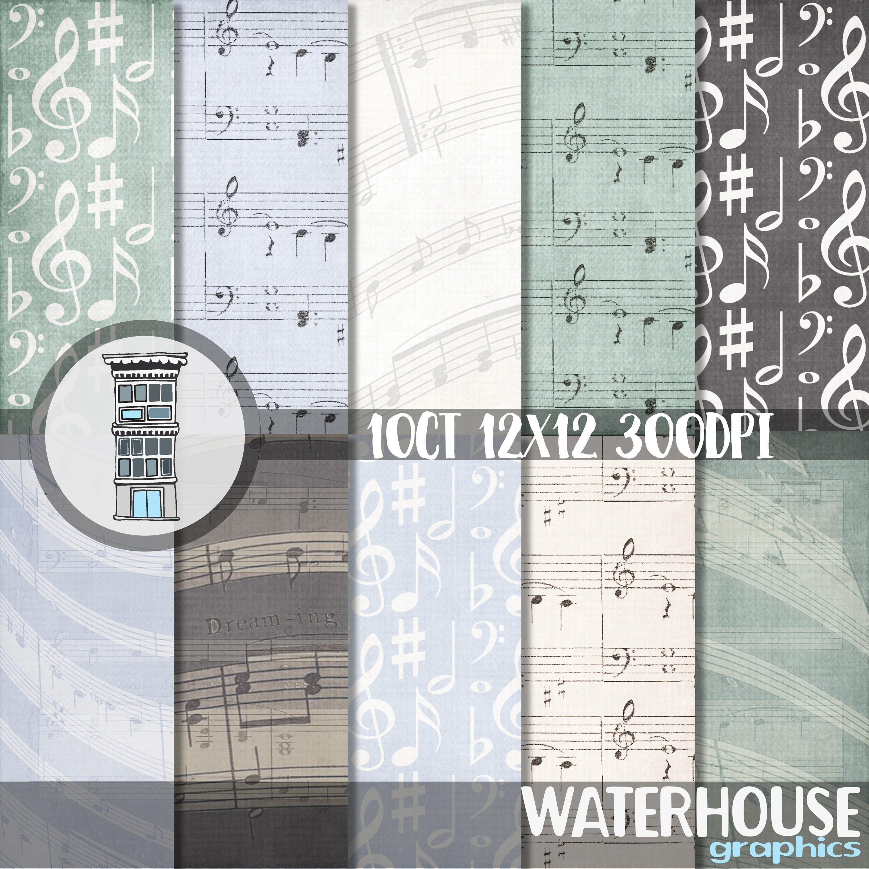 Musical DIGITAL PAPER PACK Sage Green Sky Blue Distressed Music Notes ...