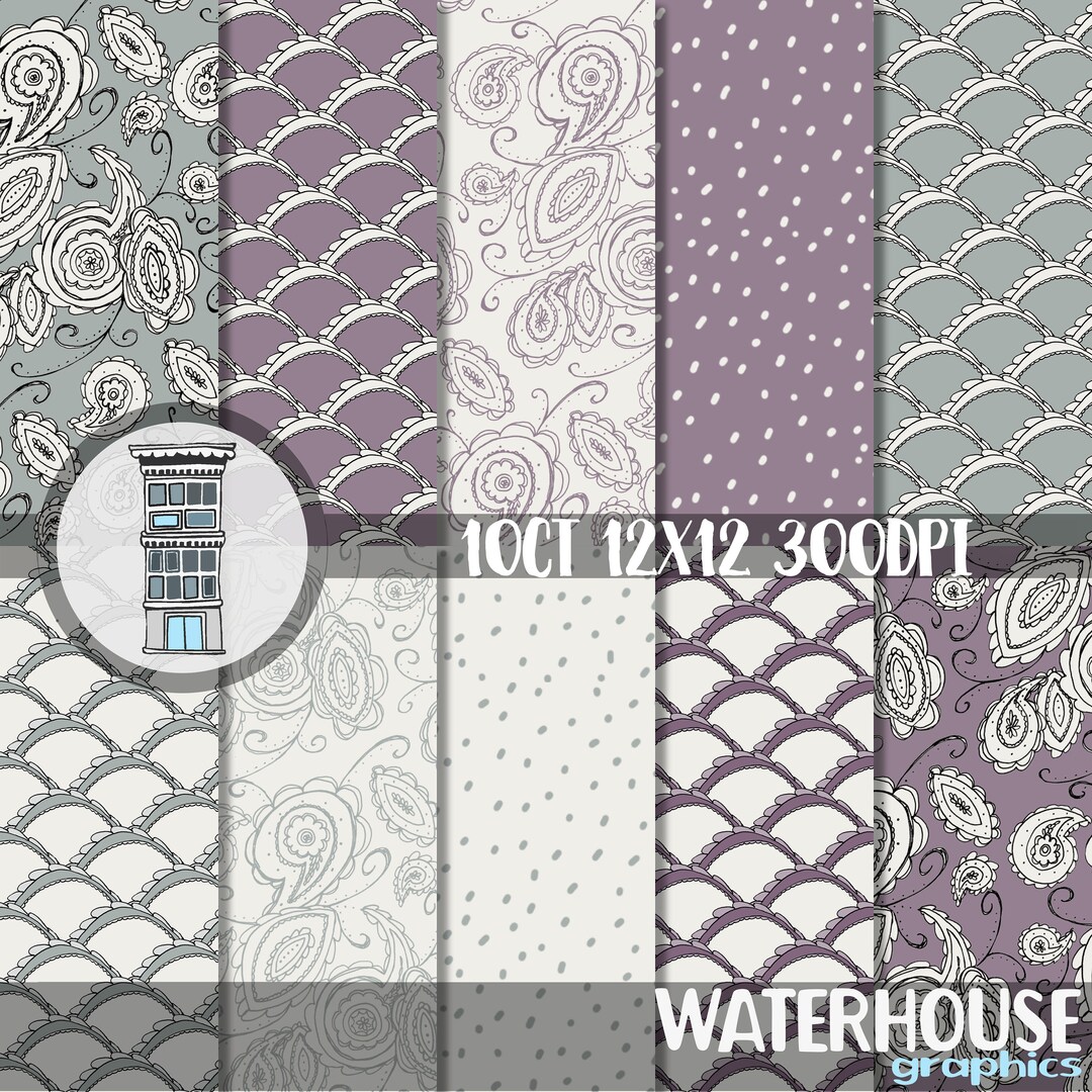 Paisley Digital Paper Pack INSTANT DOWNLOAD Purple Smokey Gray Cream ...