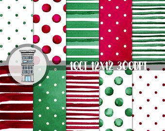Christmas Watercolor Papers Bright RED & GREEN Digital Paper | Etsy