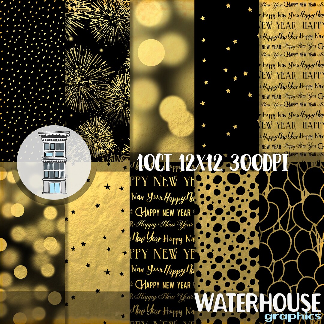 New Years Eve Digital Paper Pack Black and GOLD Bokeh Backgrounds ...