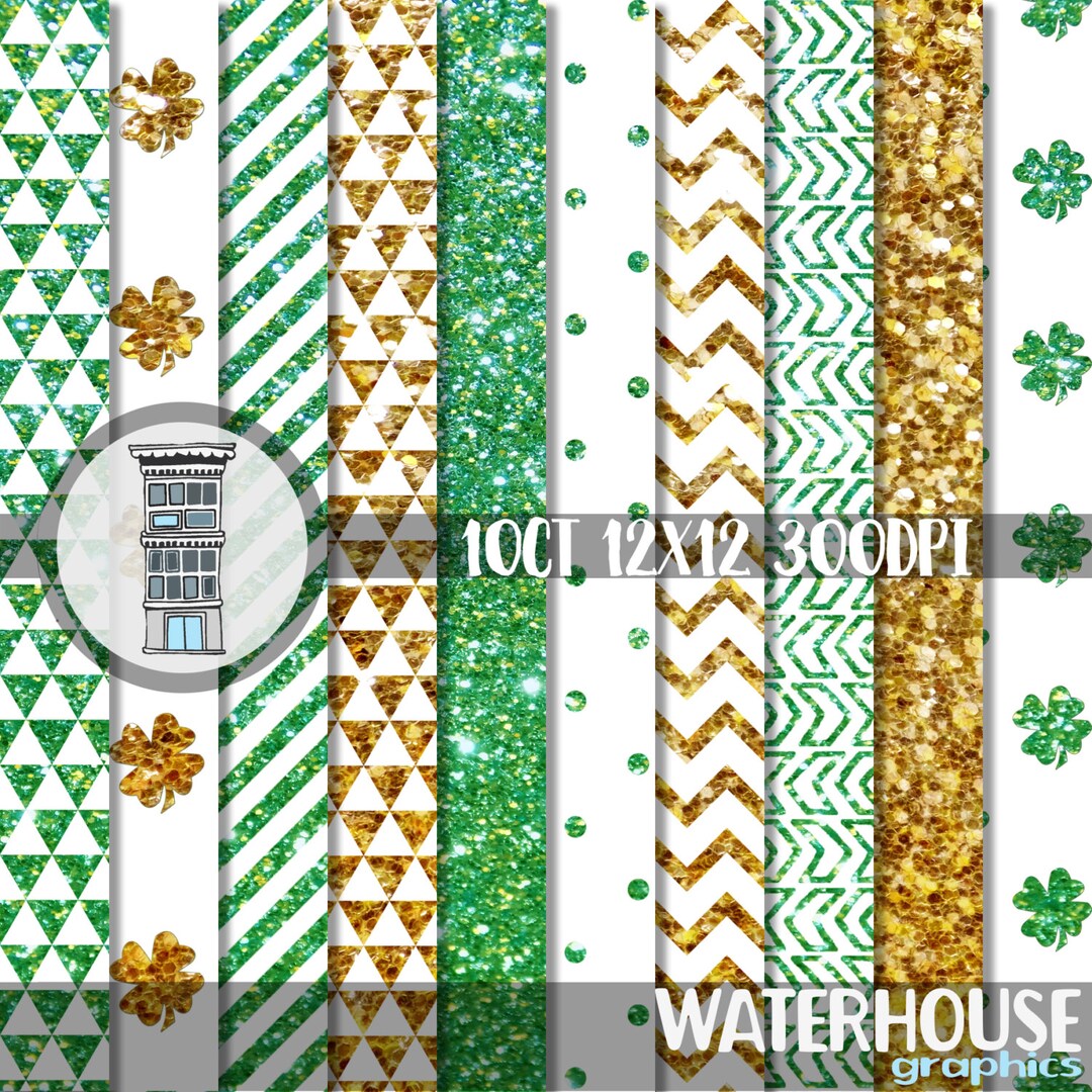 St Patricks Digital Paper Pack Gold Glitter Green Glitter Shamrock ...